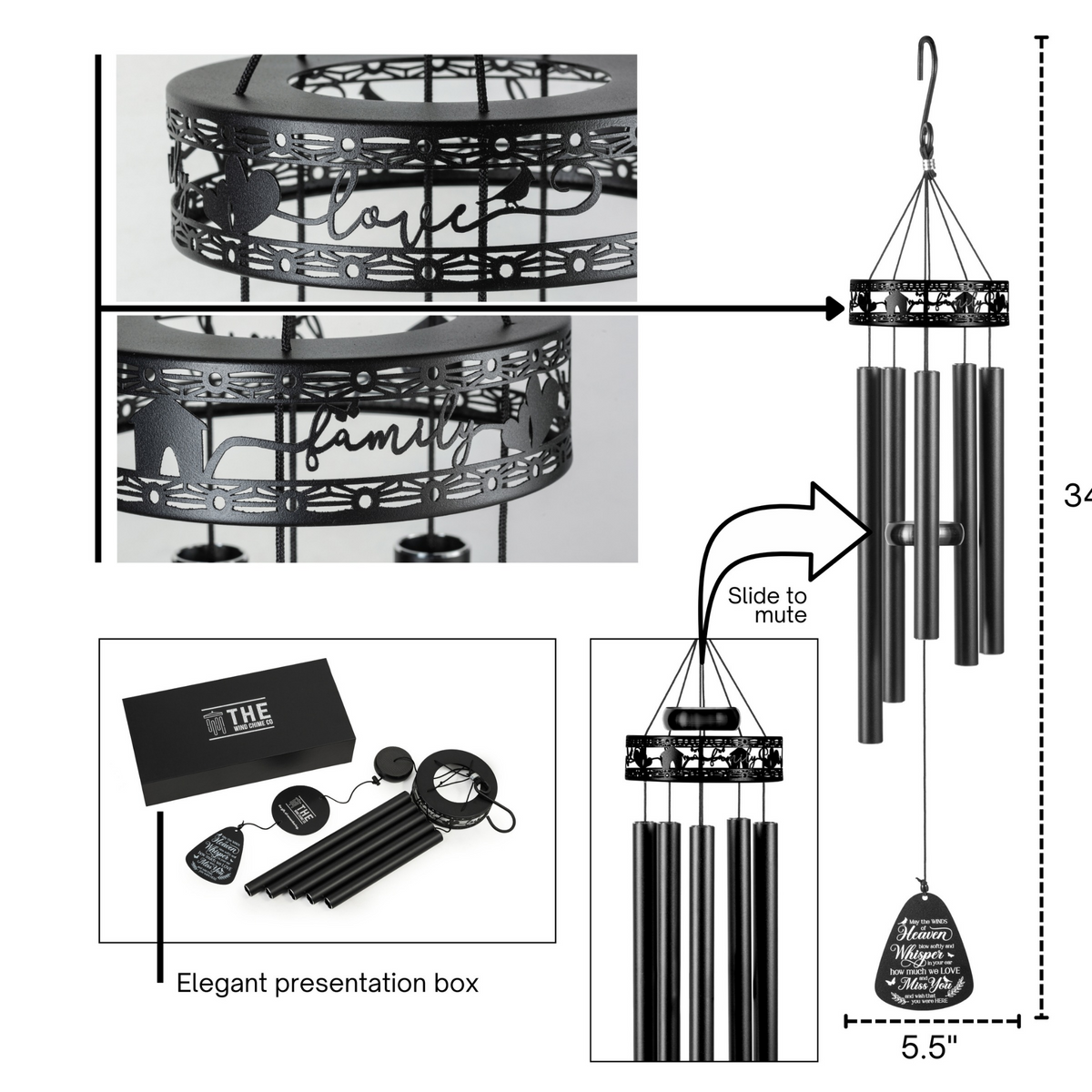 34" Family-Love Memorial Wind Chimes, Sympathy Wind Chime Gift For Los ...